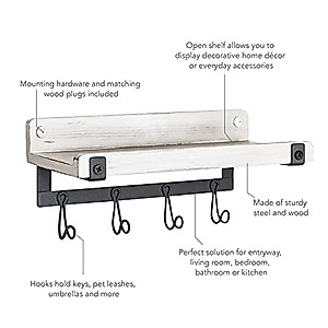 Spectrum Diversified Rowan Wall Mount Wood Valet & Hook Station for Entryway Storage and Organization, White Wash/Industrial Gray