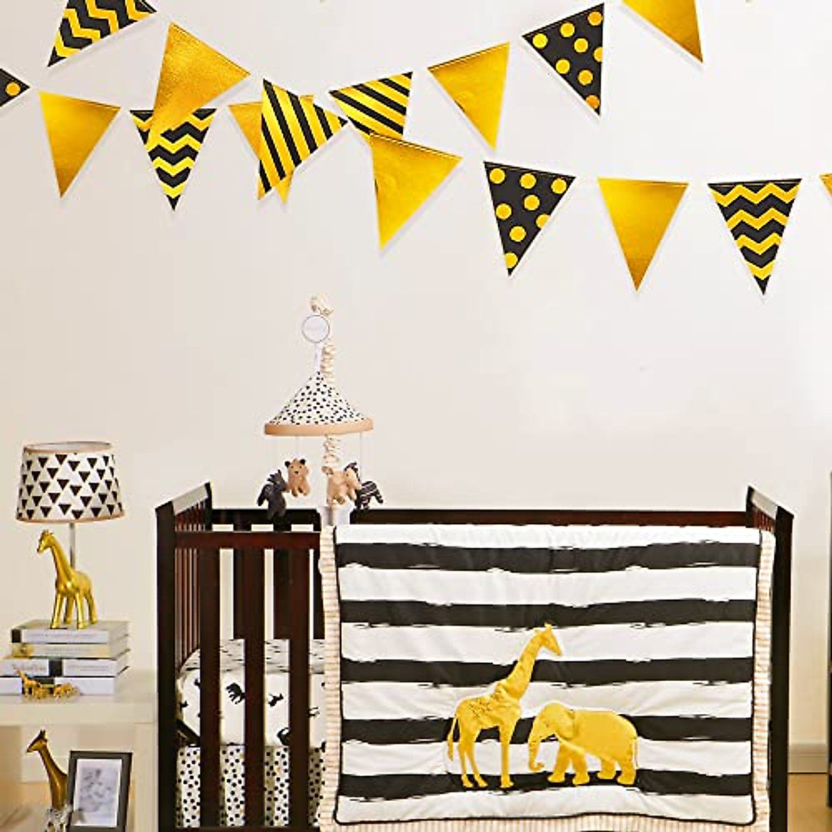 39 Ft Black Gold Triangle Pennant Banner Metallic Foil Polka Dot Stripe Paper Flag Bunting Garland Streamer for Birthday Anniversary Graduation Wedding Bridal Shower Party Decorations Supplies