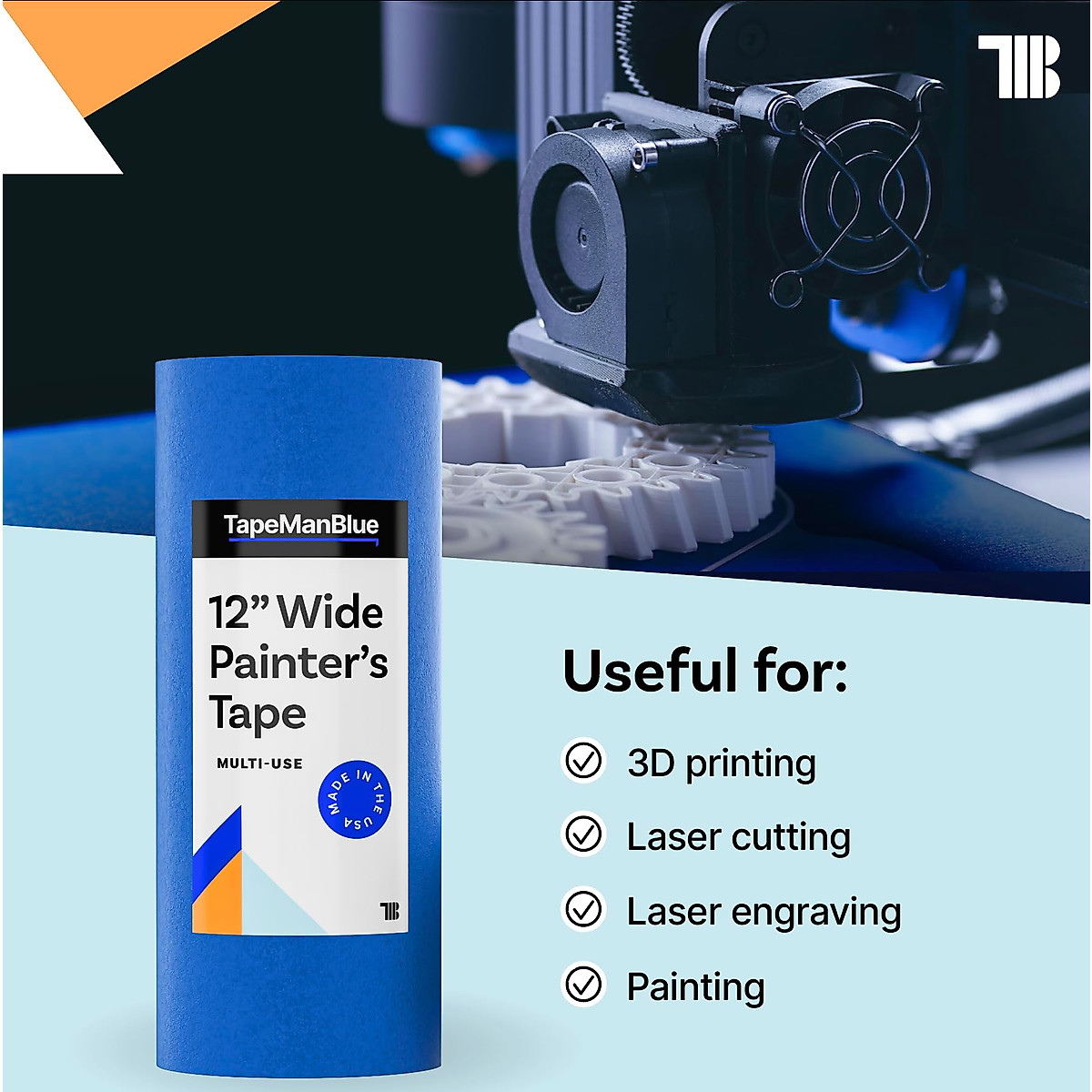Wide Blue Painters Tape, 12 inch x 60 yds, Made in America, Great Masking Tape for 3D Printing and Laser Cutting, Removes Cleanly for 21 Days