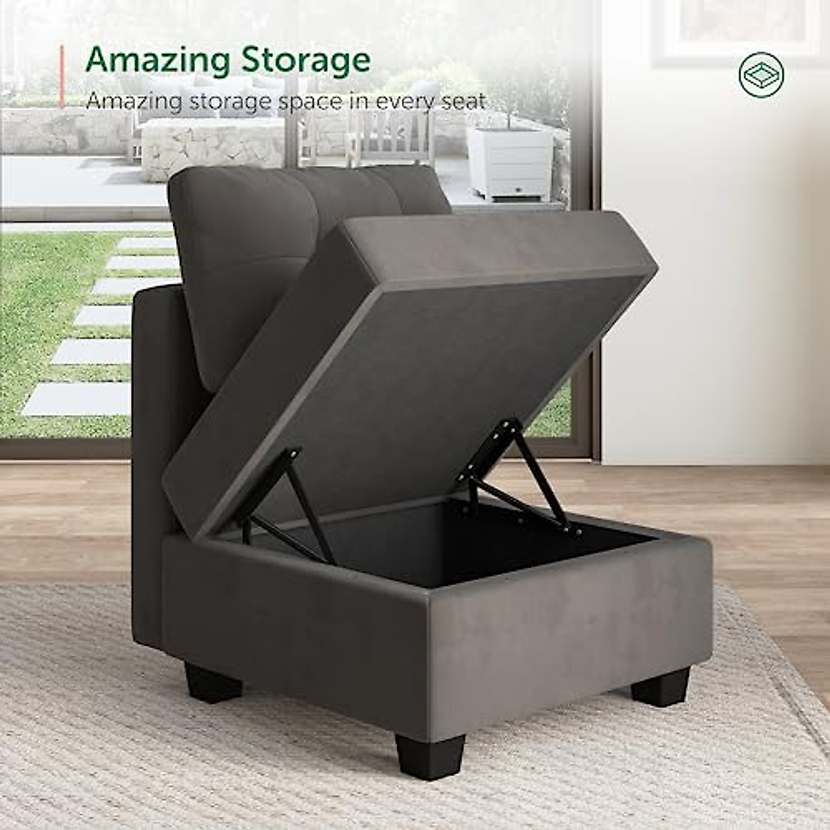 HONBAY Modular Sectional Sofa Velvet U Shaped Couch with Double Chaises 6 Seater Sectional Sofa with Storage, Grey