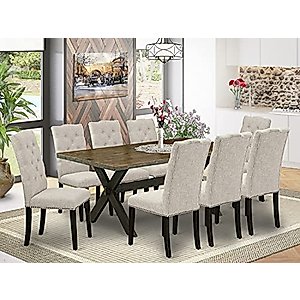 East West Furniture X677EL635-9 9-Piece Dining Set - Dinner Table Rectangular Top - 8 Beautiful Dining Chairs Padded Seat and Back (Distressed Espresso & Wire Brushed Black Finish)
