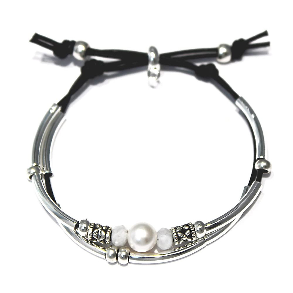 Lizzy James Crystal Water Adjustable 2 Natural Black Leather Strand Silver Bracelet with Pearl & Moonstone for Women