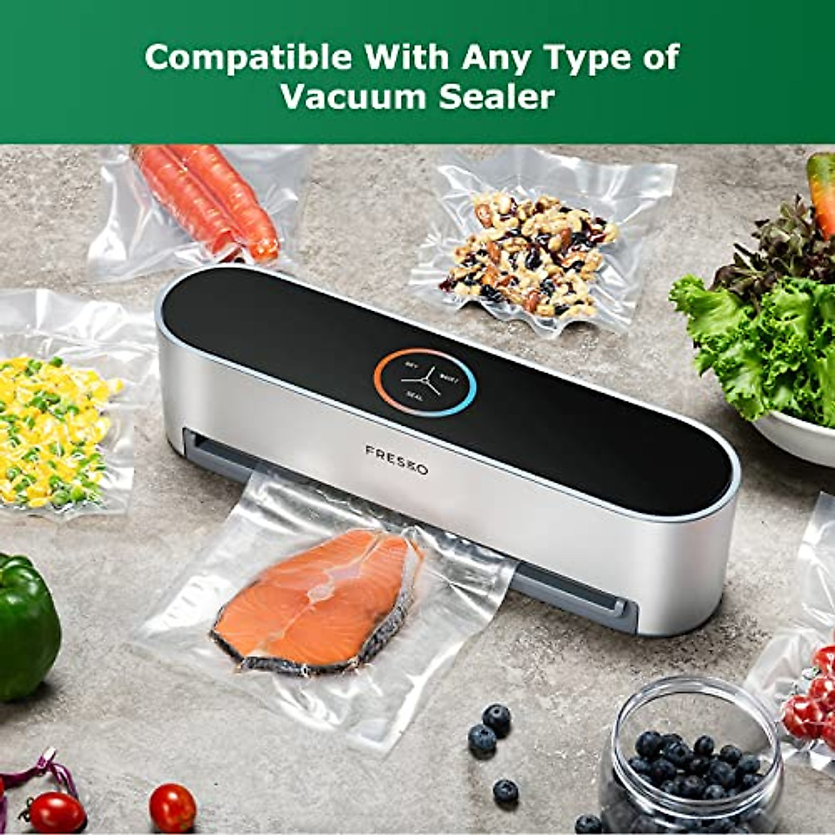 FRESKO 8” x 12” 200 Count Food Vacuum Sealer Freezer Storage Machine Bags for Food, PreCut Quart, BPA Free, Commercial Grade, Great for storage, Meal prep and Sous Vide