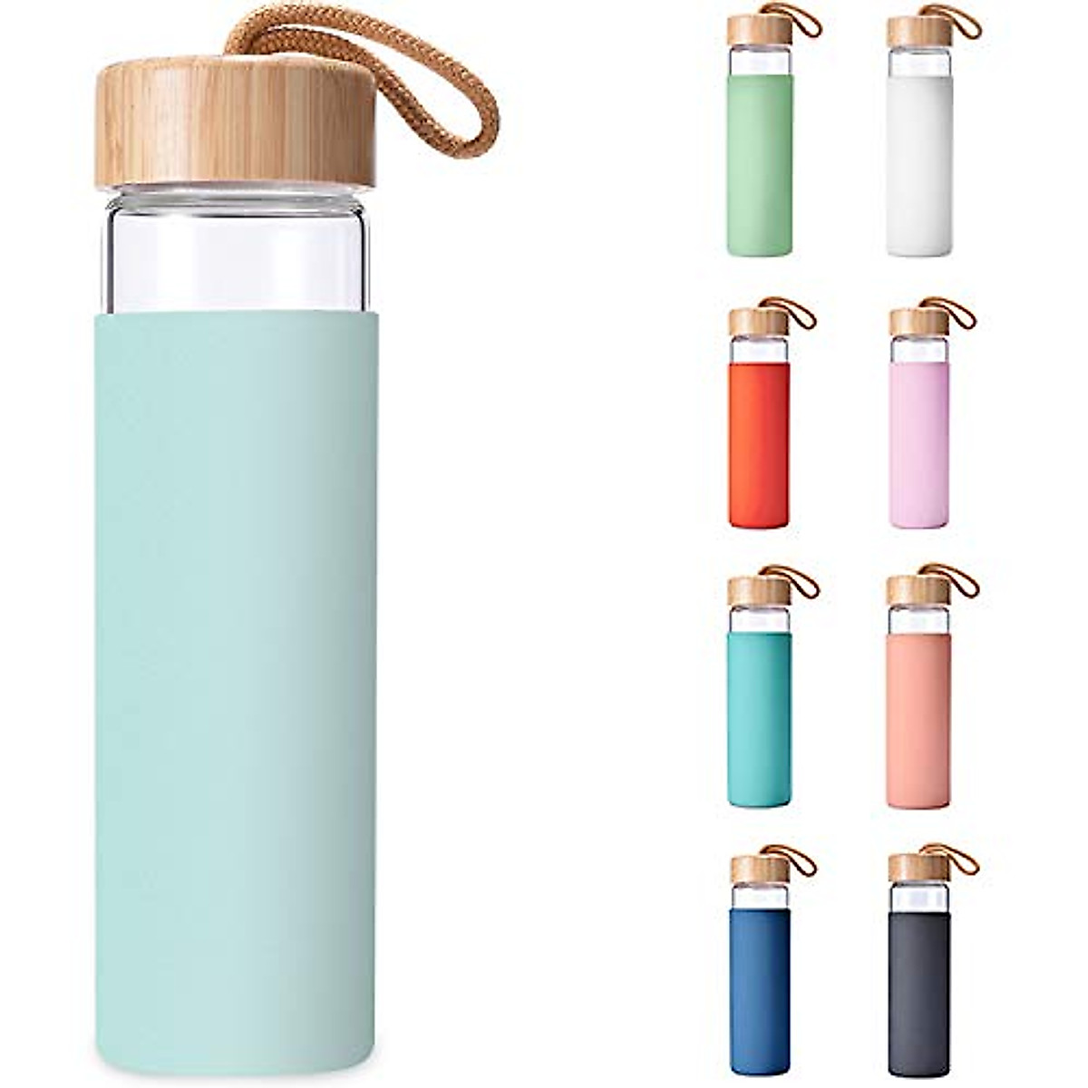 Yomious 20 Oz Borosilicate Glass Water Bottle with Bamboo Lid and Silicone Sleeve – Reusable BPA Free – Glass Drinking Bottle with Lids - Cute Glass Bottle for Women - Glass Shaker Bottle