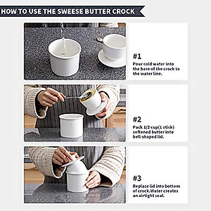 Sweese Butter Dish - Butter Crock for Counter with Water Line for Spreadable Butter - French Butter Keeper with Lid - No More Hard Butter - White, No. 305.101