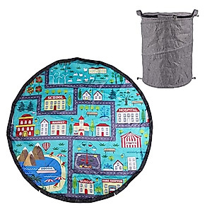 Toy Storage Basket with Cityscape Playmat - 11.8" Drawstring Toy Storage Bag with Foldable Play Mat Featuring Nonslip Backing - Portable Slide-Away Toy Storage Basket for Playrooms/Home/Travel