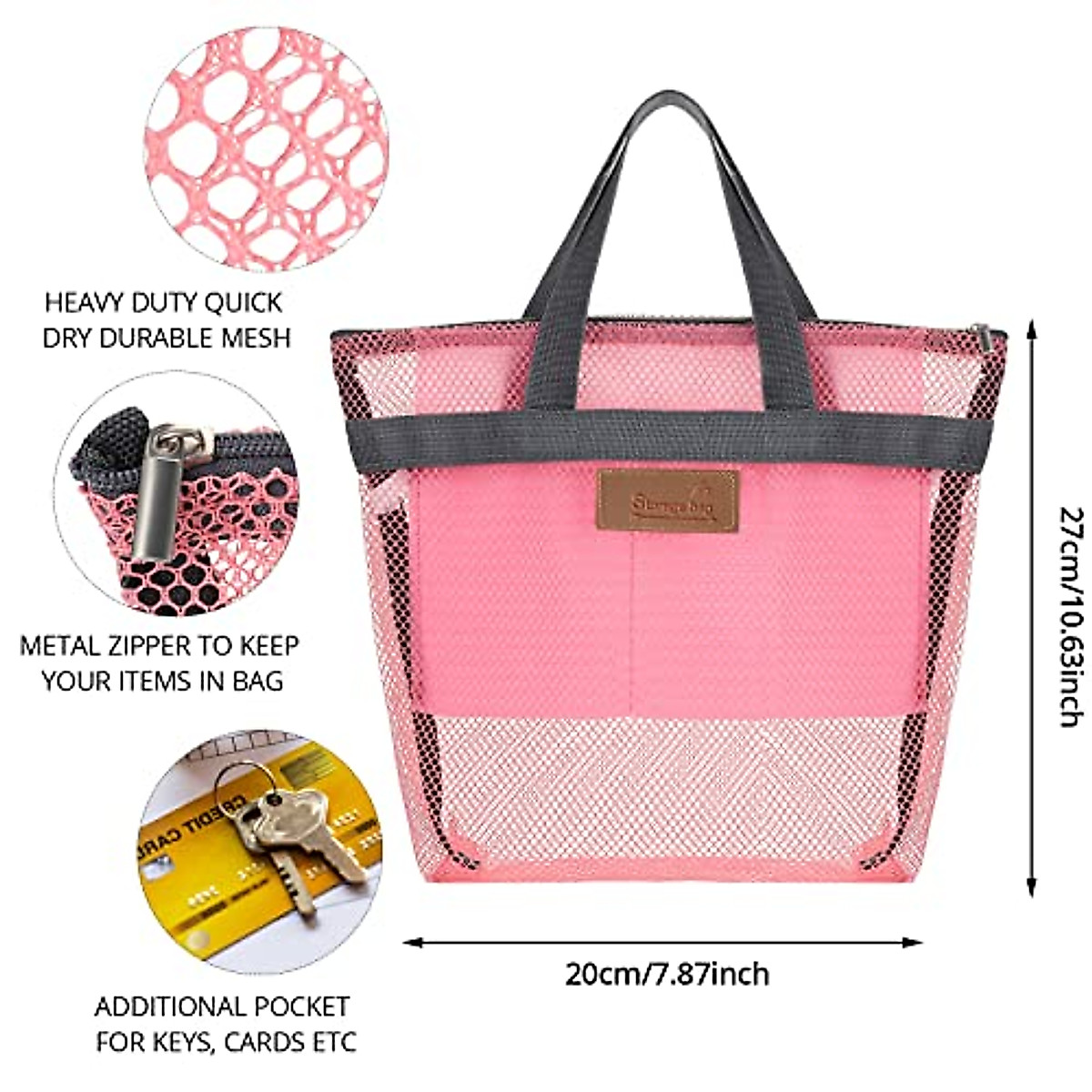 THINP Portable Shower Caddy, Mesh Shower Caddy Tote Mesh Shower Bag Quick Dry Shower Tote Bag with Zipper & 2 Pockets for College Dorms Gym Swimming Beach Travel Sports Games 10.6 * 7.8 Inch (Pink)
