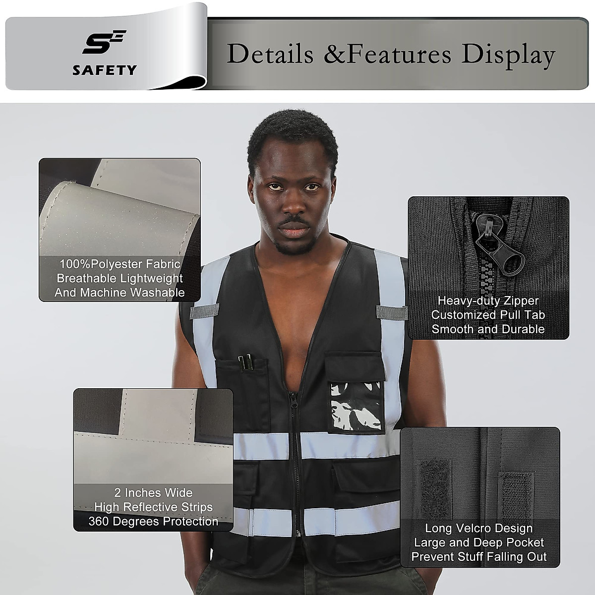 sesafety Reflective Safety Vest with Pockets and Zipper, High Visibility Construction Vest, Hi Vis Vest, ANSI Class 2, Yellow, 2XL