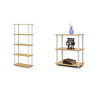 Furinno Turn-N-Tube 5-Tier Multipurpose Shelf/Display Rack/Storage Shelf/Bookshelf, Round Tubes, Beech/White & Turn-N-Tube Display Rack, 3-Tier Single, Beech