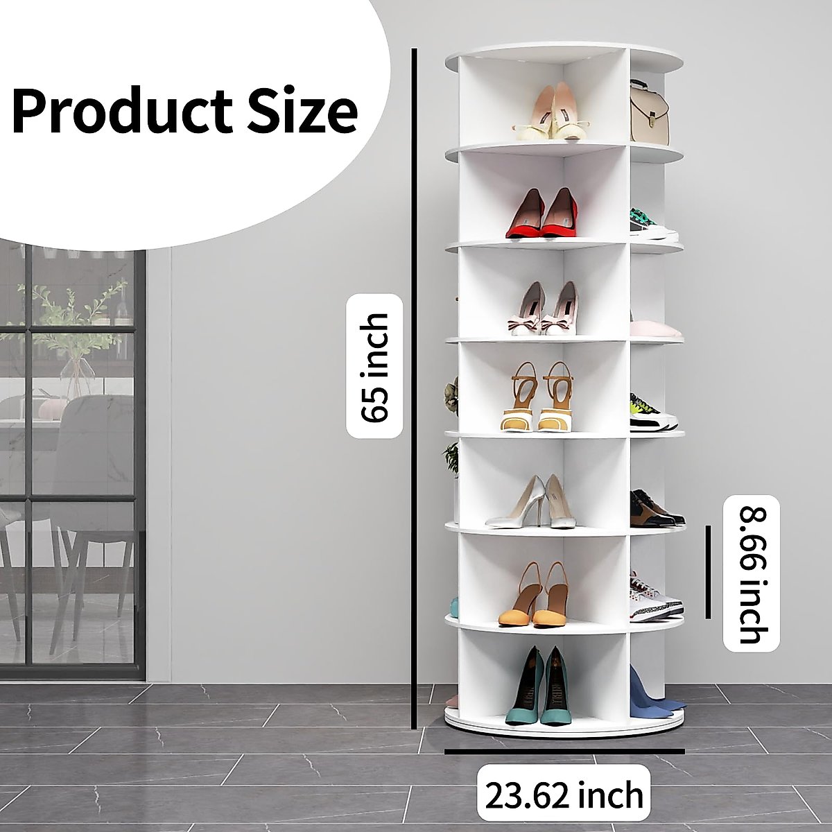 HMEEN 7 Tier Rotating Shoe Rack Tower, Easily Assembled Lazy Susan Shoe Rack, 360° Spinning Shoe Rack Circular Storage, Multi-Purpose Round Shoe Rack, White