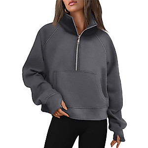 AUTOMET Womens Sweatshirts Half Zip Cropped Pullover Fleece Quarter Zipper Hoodies 2025 Fall Fashion Outfits Clothes DarkDrey X-Large