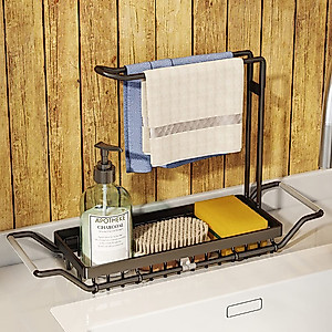 Hvanam Stainless Steel Kitchen Sink Rack Telescopic Organizer Holder Expandable Countertop Accessories Drain Caddy Tray for Kitchen or Bathroom Towel Soap Sponge Brush Storage(Black)