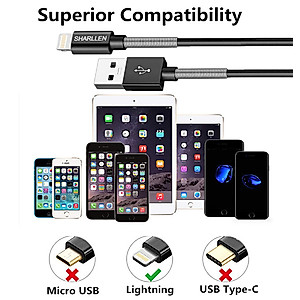 iPhone Cable,Sharllen Metal Spring iPhone Charger Cable Lightning Cable 3FT/6FT/10FT Long Charging&Syncing iPhone Charging Cord Data Wire Compatible iPhone 11/XS/Max/X/8/8Plus/7/7P/6/6 P/6S/iPad Black