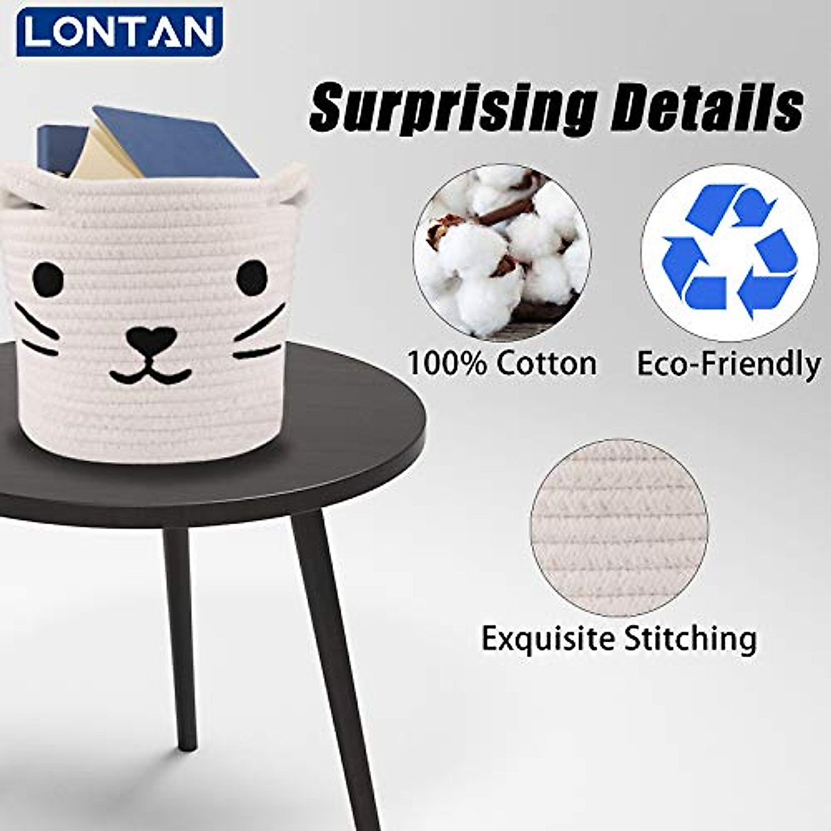8''X7'' Small Baby Hamper White Cotton Rope Basket | LONTAN Washable Baby Nursery Hamper Cute Cat Design Baby Gift Basket Collapsible Organizer for Snacks, Pen