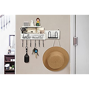 JAZUIHA Mail and Key Holder 2-Tier, Mail Organizer Wall Mount with 6 Hooks, Wooden Wall Organizer Hat Rack, Storage Hanging Shelf for Home Decor