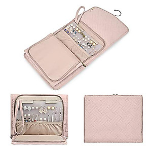 BAGSMART Travel Hanging Jewelry Organizer Case Foldable Jewelry Roll with Hanger for Journey-Rings, Necklaces, Bracelets, Earrings, Soft Pink