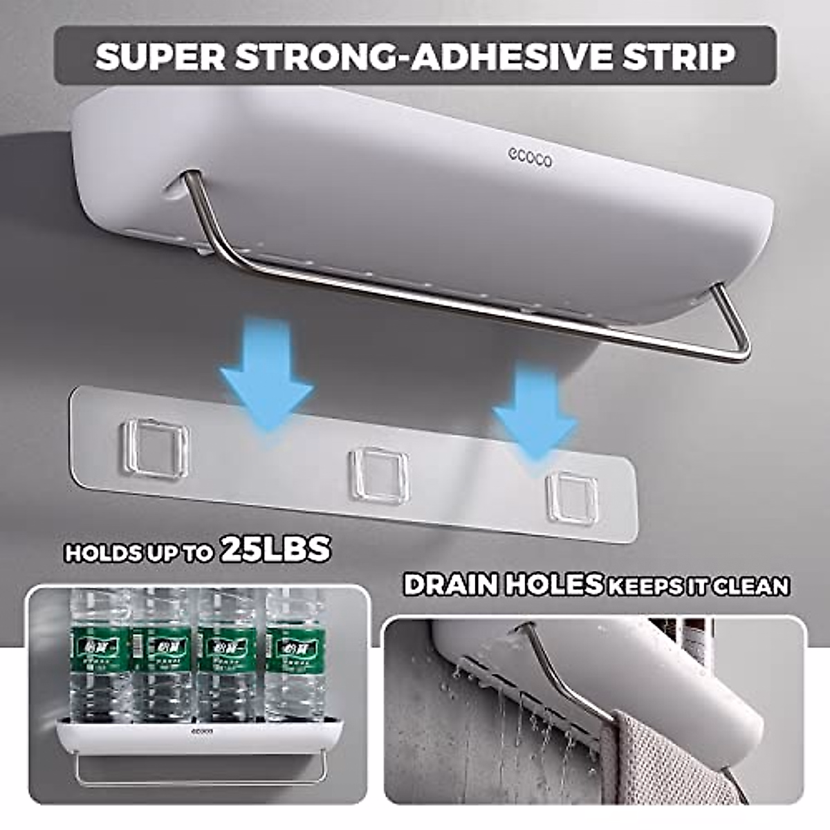 Bathroom Organizer - Wall Mounted Shower Caddy Shelf - With Towel Rail - Extra Strong Self Adhesive - No Drilling - Easy Drainage - Rustproof. (White/Gray)