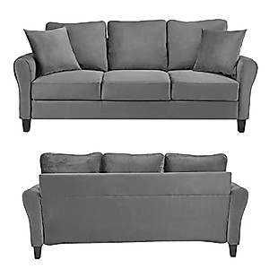 PEIHONGET 78.35" Mid-Century Modern Living Room Sofa 3 Seater Velvet Sofa Couch with 2 Pillows Armrest and Wood Legs for Bedroom, Apartment, Dorm, Office (Gray)