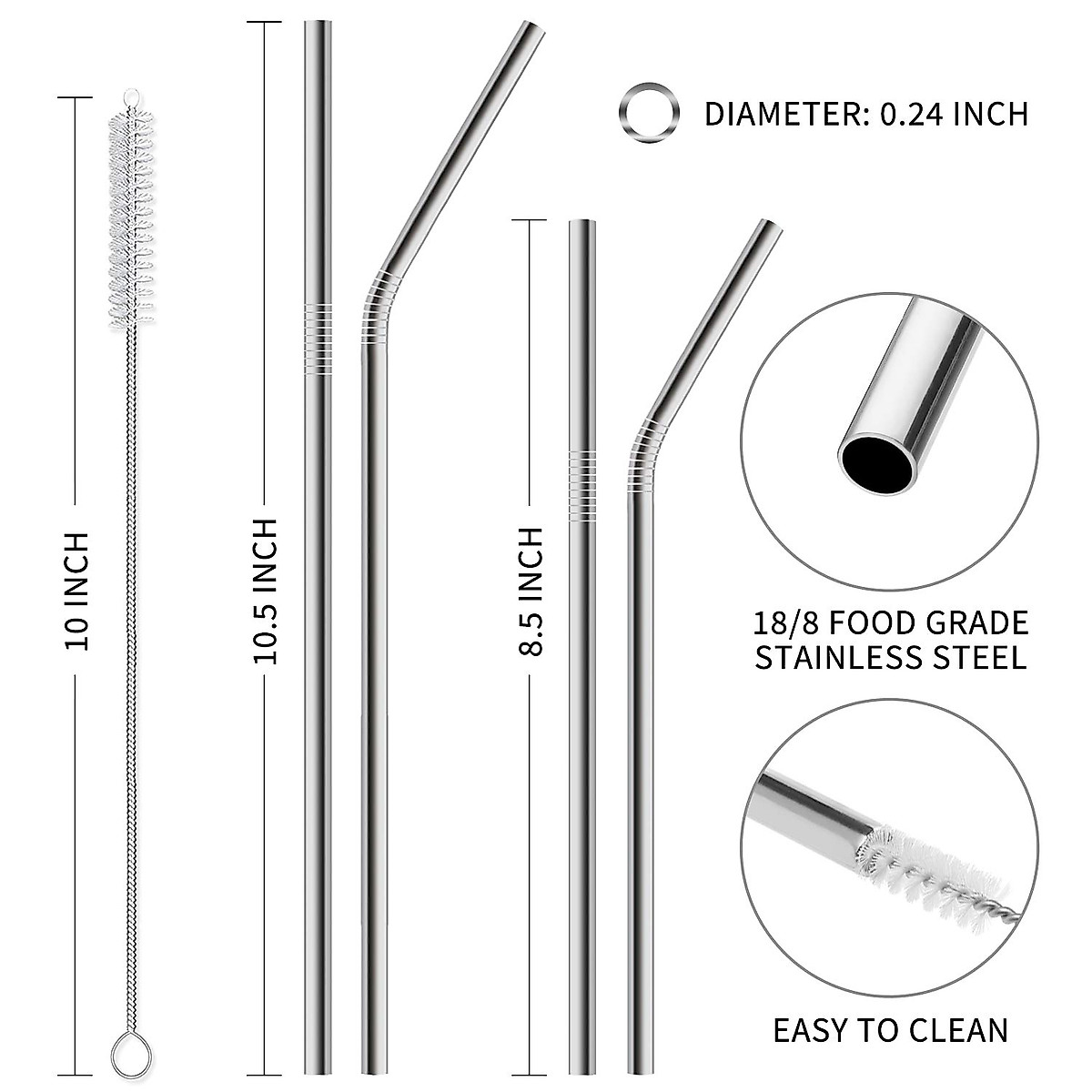Hiware 12-Pack Reusable Stainless Steel Metal Straws with Case - Long Drinking Straws for 30 oz and 20 oz Tumblers Yeti Dishwasher Safe - 2 Cleaning Brushes Included