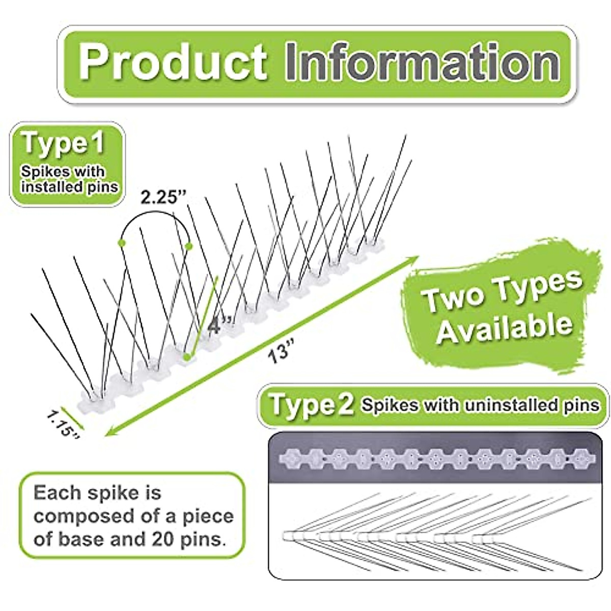 Bird Spikes for Pigeons Small Birds Stainless Steel 100 feet Coverage Outdoor Use Bird Deterrent Strips Devices for Fence Crows Woodpeckers with 304 Stainless Steel Pins and Plastic Base Flexible Use