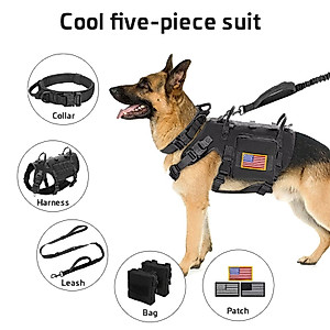 Forestpaw Tactical Dog Harness for Large Dogs,Tactical Dog Collar with Bungee Leash Set,No Pull Military Dog Harness for Dog Walking Training,Adjustable for Medium Large Dogs,Black S