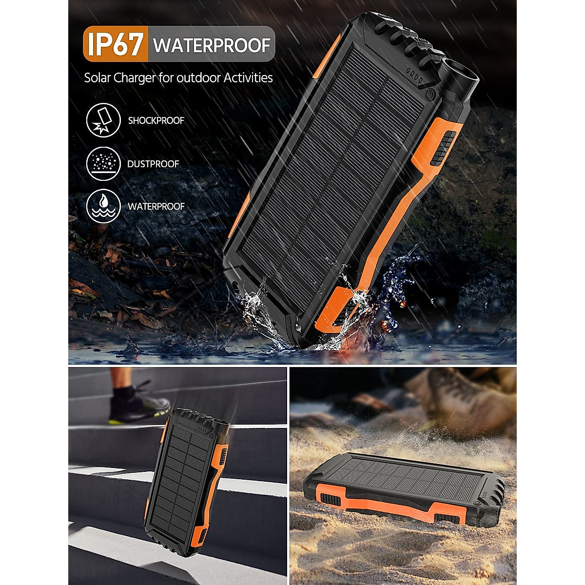 Solar Charger, Power Bank, 42800mAh Portable Charger Power Bank External Battery Pack 5V3.1A Qc 3.0 Fast Charger Built-in Super Bright Flashlight (Deep Orange)