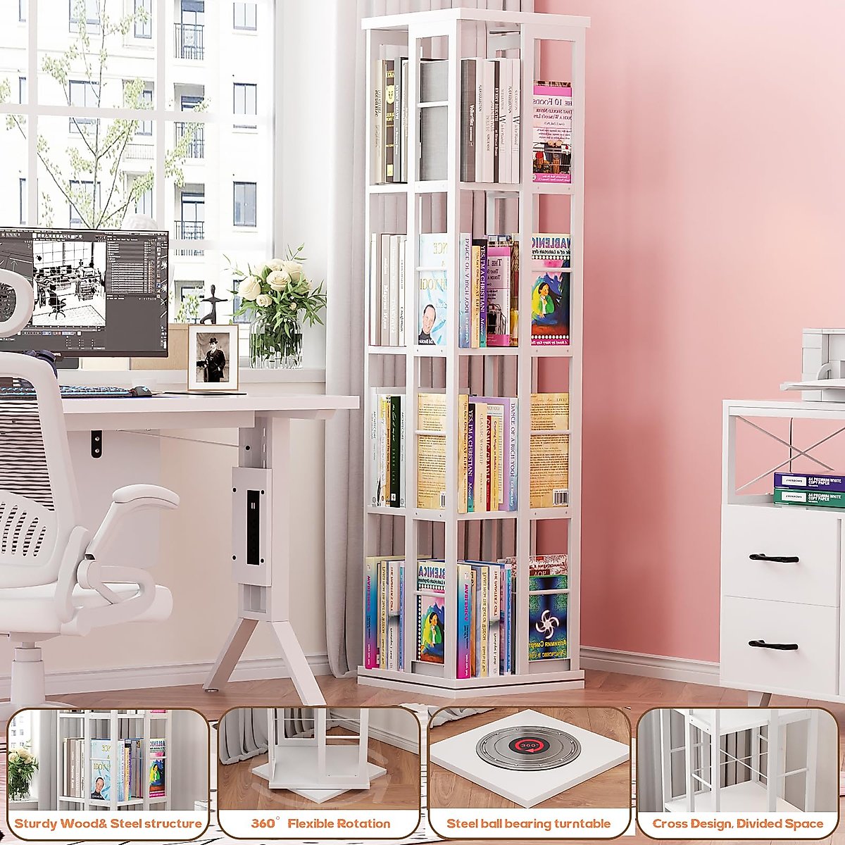 Aheaplus Rotating Bookshelf, Corner Bookshelf, 360 Display Wood Spinning Bookshelf, Floor Standing Bookcase Narrow Shelf Revolving Organizer Storage Rack for Small Space, Bedroom, Study Room, White