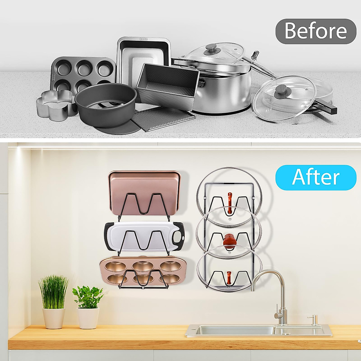 EXAIEW 2 Pack Pot Lid Organizer Rack, 6-Tier Pot Lids Holder for Cabinet Wall/Door Mount, No Drilling Adhesive Door/Wall Mounted Pots And Pans Organizer For Kitchen Storage, Classic Black