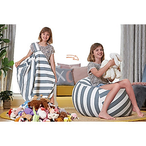 Aubliss Stuffed Animal Storage Bean Bag Chair Cover Only for Plush Toys, Blankets, X-Large 48"-Canvas Stripes Grey