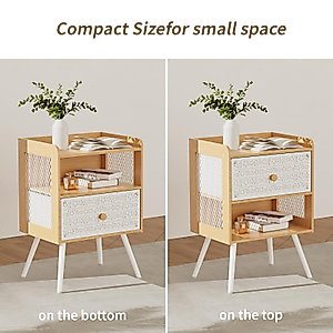 Nightstand, Bedside Table with Metal Drawers, End Table with Open Shelf, 2-Tier Open Adjustable Metal Floral Drawer Night Stand for Sofa Side Table, Bedroom Bedside Table, Maple White