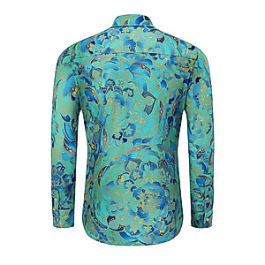 TURETRENDY Men's Paisley Floral Dress Shirt Long Sleeve Slim Fit Button Down Shirts for Prom Wedding Party, Blue Green L