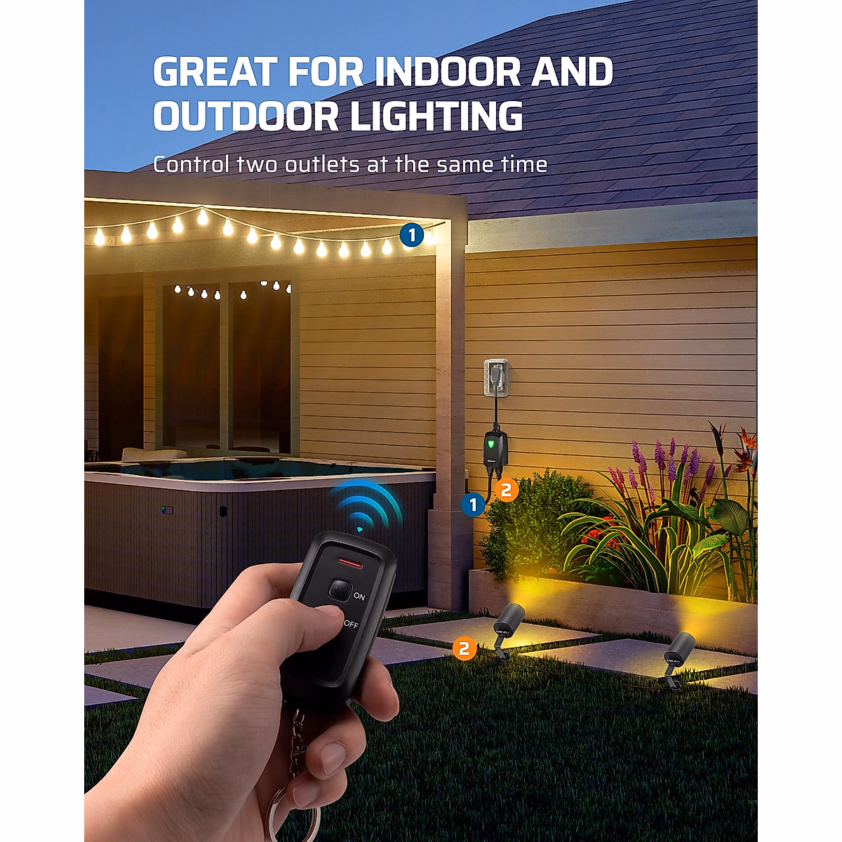 DEWENWILS Wireless Remote Control Outdoor Outlet with 2 Remotes, Electrical Plug in Light Switch Weatherproof,15 AMP Heavy Duty, 100 FT Range, for Lights Lamp Fans, ETL Listed