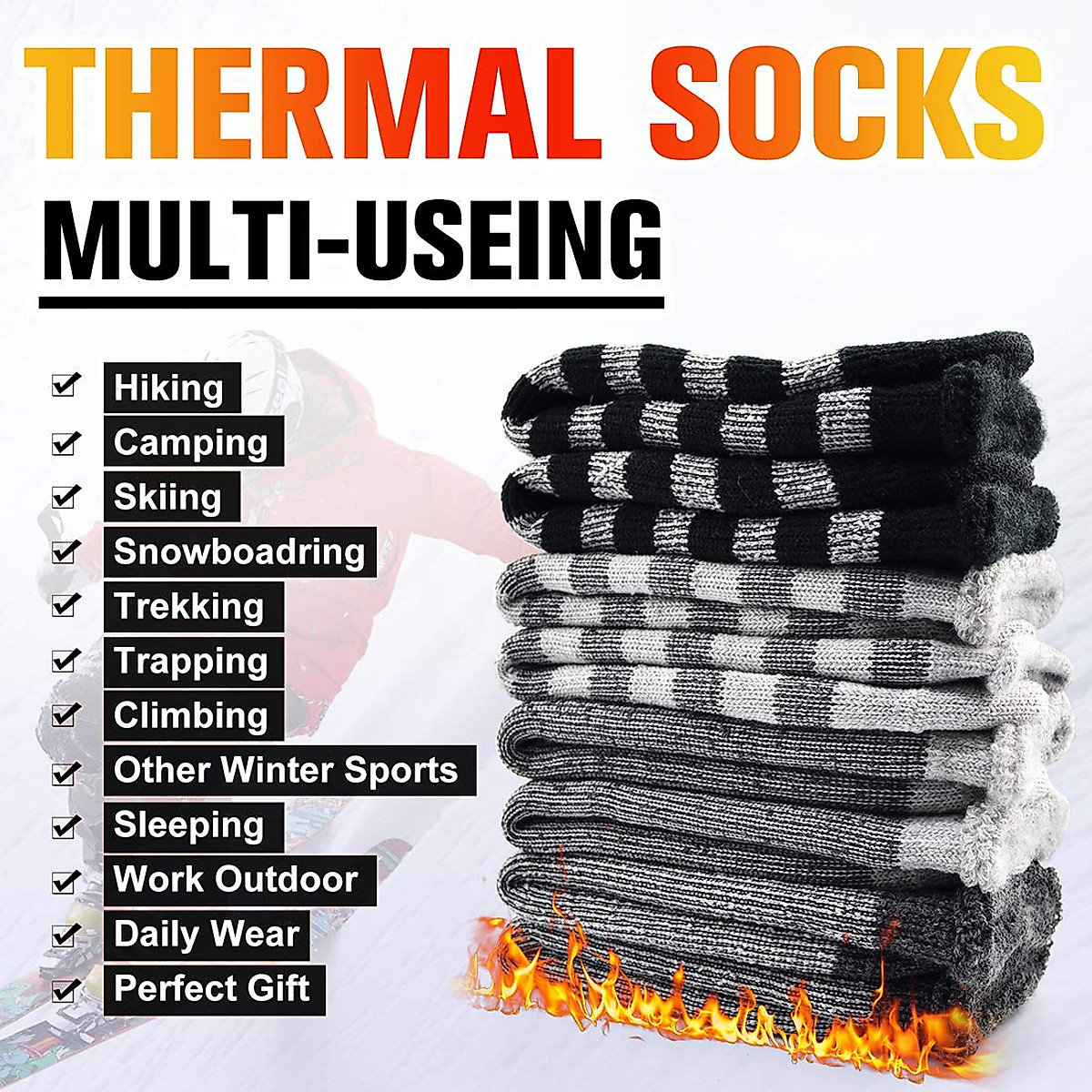 Busy Socks Winter Warm Thermal Socks for Men Women Extra Thick Insulated Heated Crew Boot Socks for Extreme Cold Weather, Large, 1 Pair Light Grey Striped
