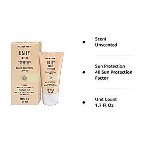 Trader Joe’s Daily Facial Sunscreen Broad Spectrum SPF 40 Oil Free Invisible Gel Formula Fragrance Free Water Sweat Resistant ''Supergoop Dupe'', 1.70 Fl Oz (Pack of 1)