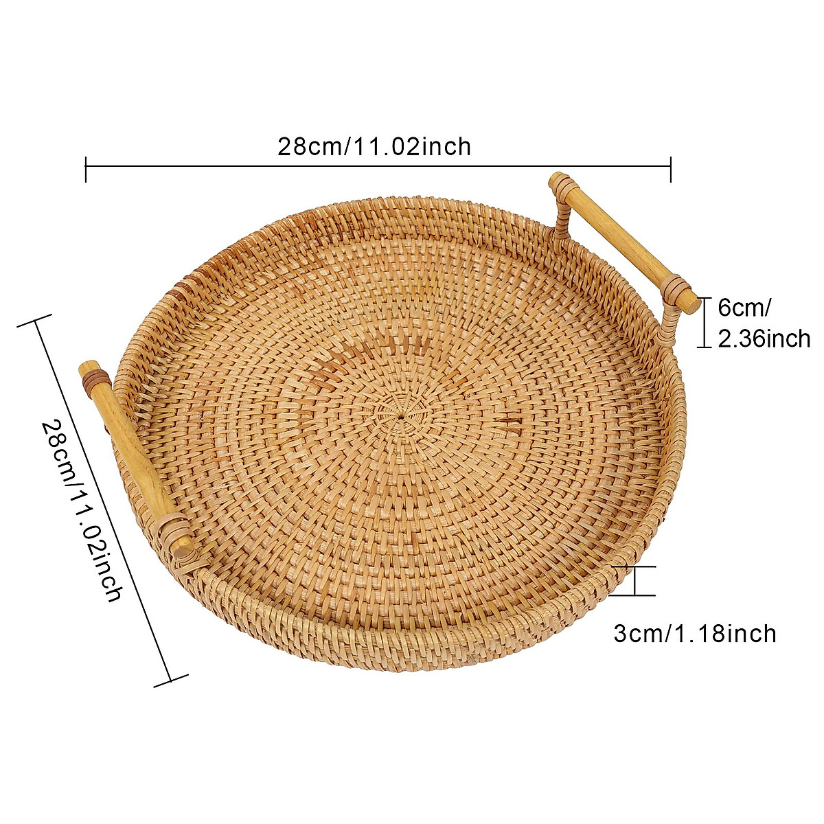 Round Rattan Coffee Table Tray with Handles - Woven Basket Food Decorative Tray ，Handmade Rattan Serving Tray with Handles ，Adorable Natural Bamboo Tray for Ottoman Coffee Table (Large/11 inch)