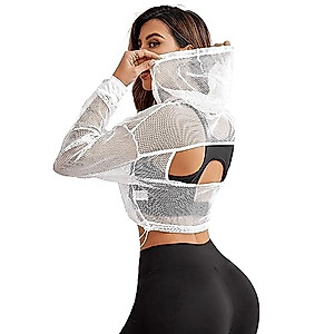 SweatyRocks Women's Activewear Long Sleeve Hollow Out Drawstring Hooded Sweatshirt Sports Crop Top White XL