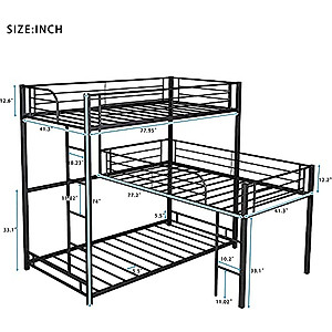 STP-Y Metal Bunk Bed with Desk, Twin Over Twin Over Full Bunk Beds, L-Shaped Metal Triple Twin Over Full Bunk Bed Teens Adult, Black with Desk (Color : Black)