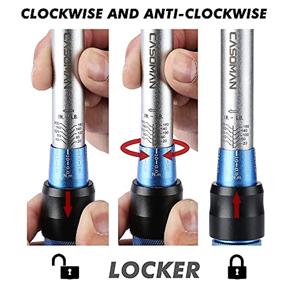 CASOMAN 1/4-inch Drive Click Torque Wrench Set, Dual-Direction Adjustable, 72-Tooth, Torque Wrench with Buckle (20-200IN.LB/ 2.26-22.6Nm)