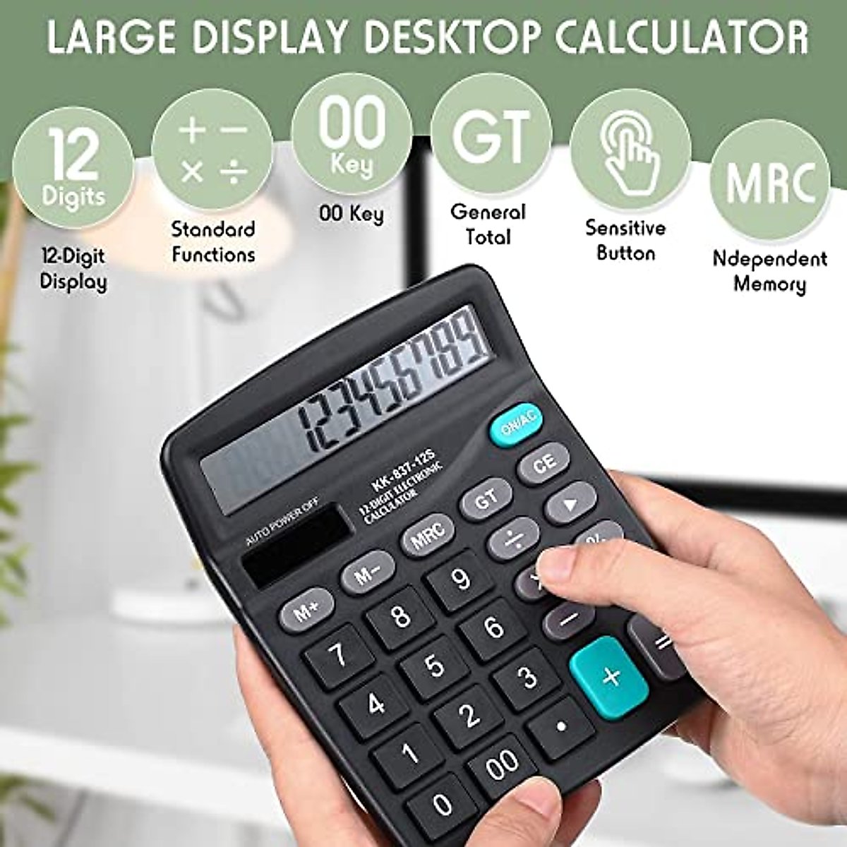 Konohan 8 Pieces 12-Digit Calculator, Solar Basic Desktop Calculator Large Display Electronic Calculators Dual Power Handheld Calculator for Home Office School (Black)