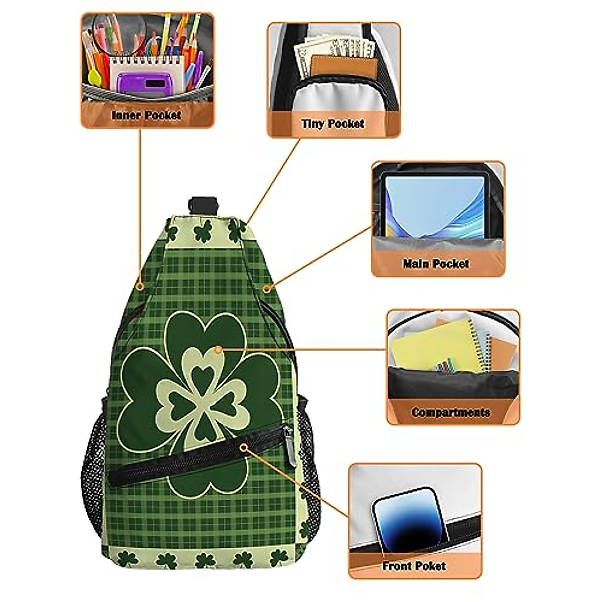 Sling Backpack, St. Patrick's Day Lucky Shamrock Green Check Waterproof Lightweight Small Sling Bag, Travel Chest Bag Crossbody Shoulder Bag Hiking Daypack for Women Men