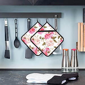 Floral Flower Rose Pink Print Pot Holders Sets,Kitchen Oven Glove High Heat Resistant 500 Degree Oven Mitts and Pot Holder,Surface Safe for Baking, Cooking, BBQ,Pack of 2