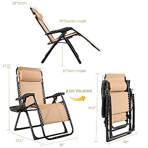 Goplus Zero Gravity Chairs, X-Large Outdoor Lounge Lawn Chair with Cup Holder & Detachable Headrest, Adjustable Folding Patio Recliner for Pool Porch Deck Oversize (Beige)