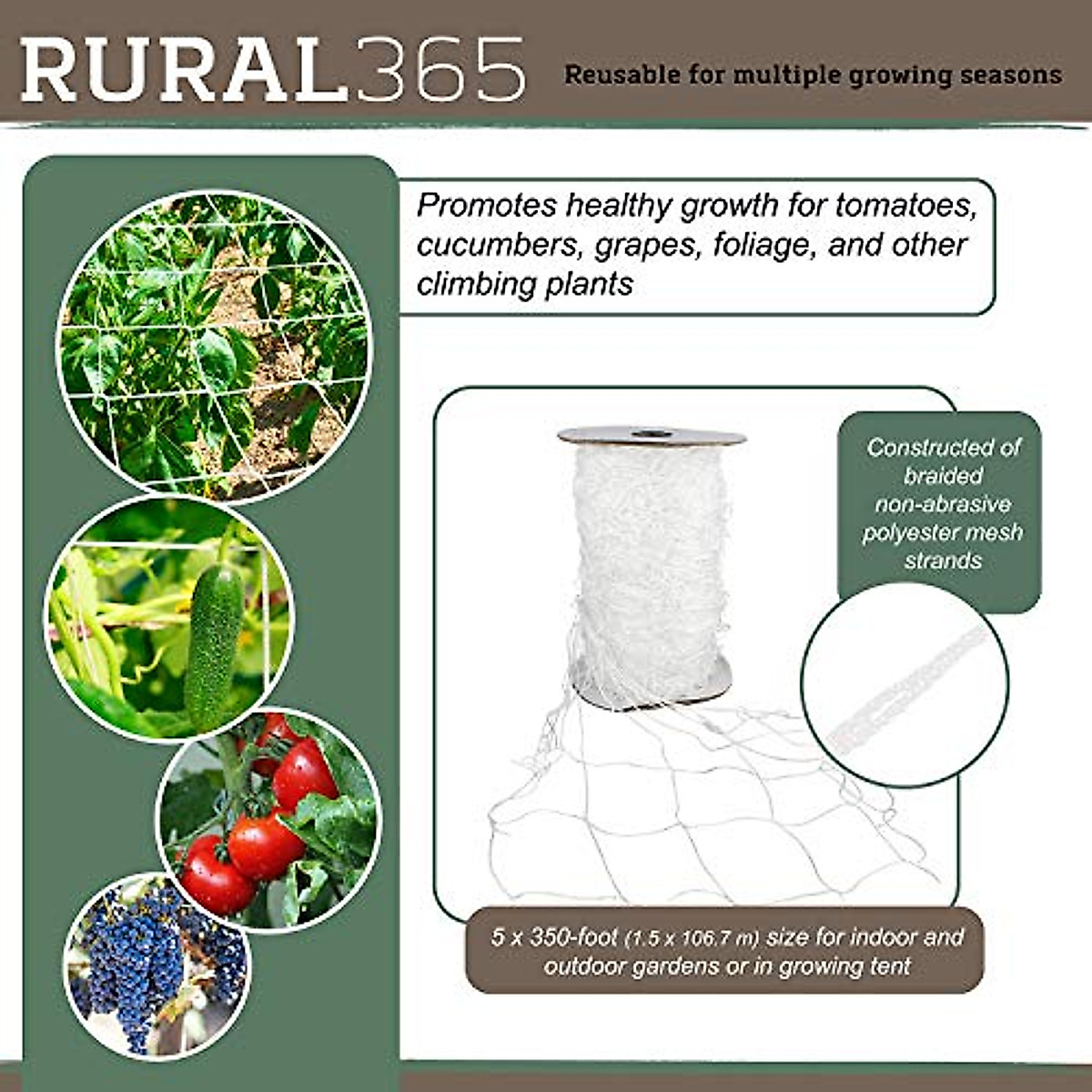 Rural365 Mesh Plant Trellis Net 5x350ft Roll, Growing Support Trellising Bean, Pea, Climbing Plants Scrog Garden Netting