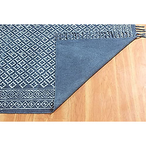Indigo Blue Rug for Bathroom Handmade Cotton Durries Boho Kilim Rug Flat Weave Indoor Floor Decorative Rugs for Balcony Lounge Floor Bedroom Balcony