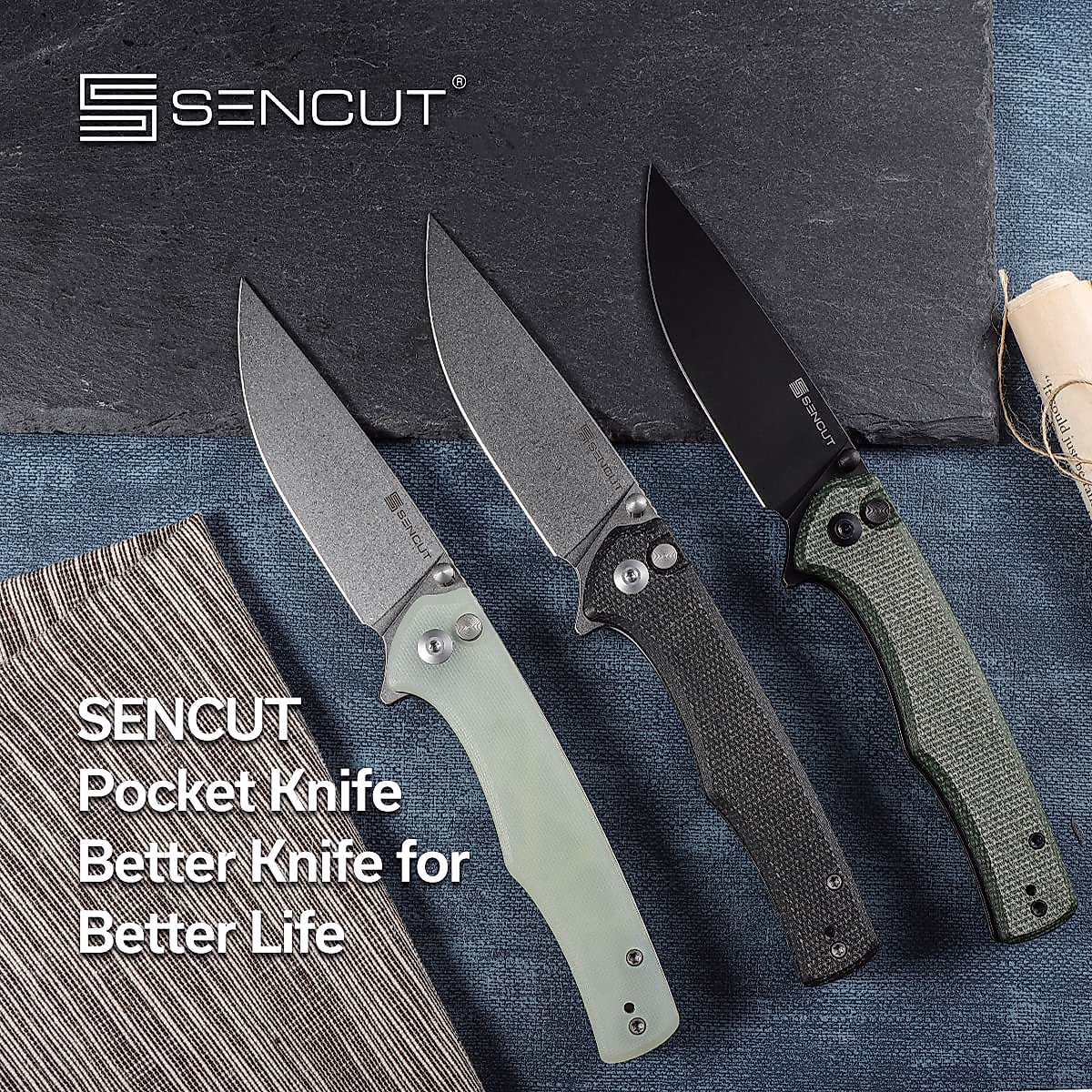 SENCUT Crowley Pocket Knife Button Lock Folding Knife for EDC, Black Micarta Handle Stonewashed D2 Blade Foldable Small Knife with Clip, Everyday Carry Knife for Men Women, Lightweight for Indoor Outdoor Gift S21012-2