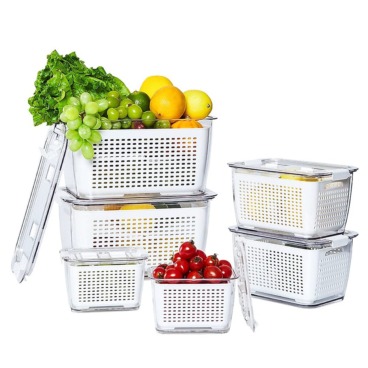 HIEEY 6pack-Drain basket 6-Piece Fruit Storage Containers for Fridge with Strainer,Produce Containers for Fridge,Lettuce Keeper,White (Not Dishwasher Safe) | BPA-Free