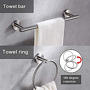 5 Pieces Brushed Nickel Bathroom Hardware Set Include 16inch Towel Bar,2pcsTowel Hooks,Toilet Paper Holder,Hand Towel Ring Round SUS304 Stainless Steel Bathroom Accessories Set Heavy Duty Wall Mounted