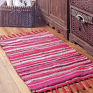 Poowe Cotton Handmade Reversible Chindi Rag Rugs,Multi Color Hand Woven Striped Area Bath Rug Mat Carpet with Tassels Machine Washable,for Laundry Room Kitchen Livingroom Hallway Entryway 20" x 31.5"