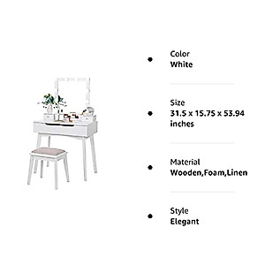 BEWISHOME Makeup Vanity Set with Lighted Mirror with 10 LED Bulbs, Makeup desk with 4 Drawers 2 DIY Dividers Removable Makeup Organizer & Cushioned Stool, White Table FST10W