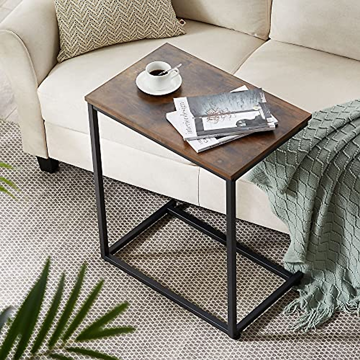 VANOMi C Shaped End Table, Living Room Sofa Small Side Table, Small Space Snack Table and Bedside Table with Wooden Metal Frame in Bedroom
